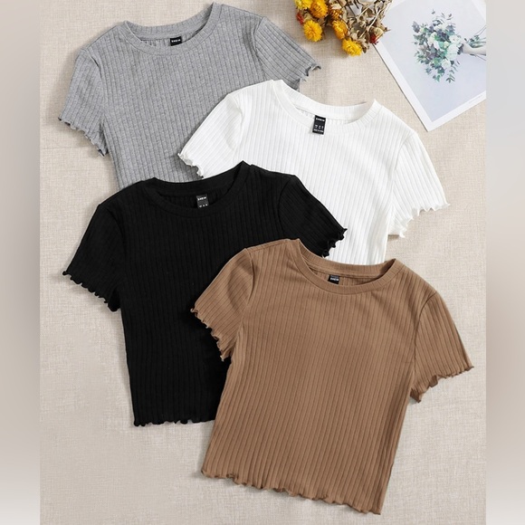 SHEIN | Tops | Bundle Of 4 Ribbed Knit Crop Tops Neutral Basics Sizel ...